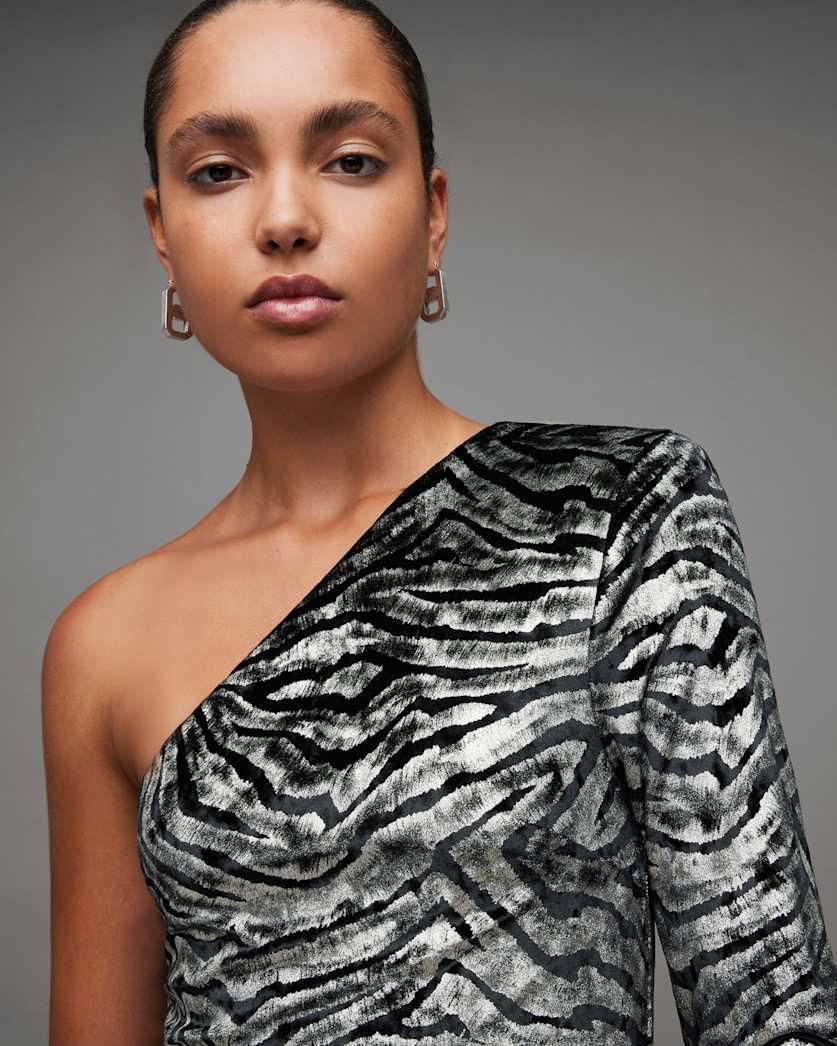 Deri One Shoulder Zebra Print Mini Dress Black/Silver | ALLSAINTS US